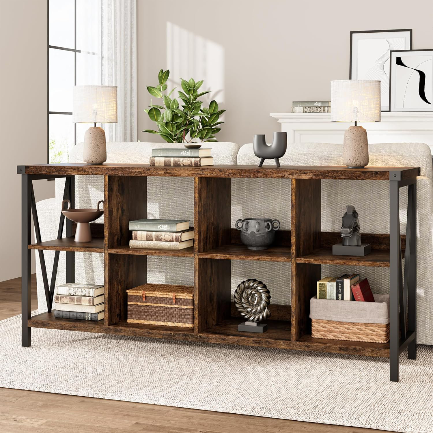 17 Stories Geron 62" Extra Long Industrial Console Table Sofa Table, 8 Cube Storage Organizer ...